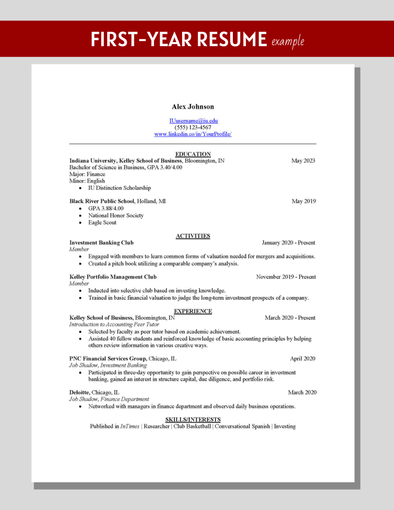 First-Year Resume Example – KelleyConnect | Kelley School of Business