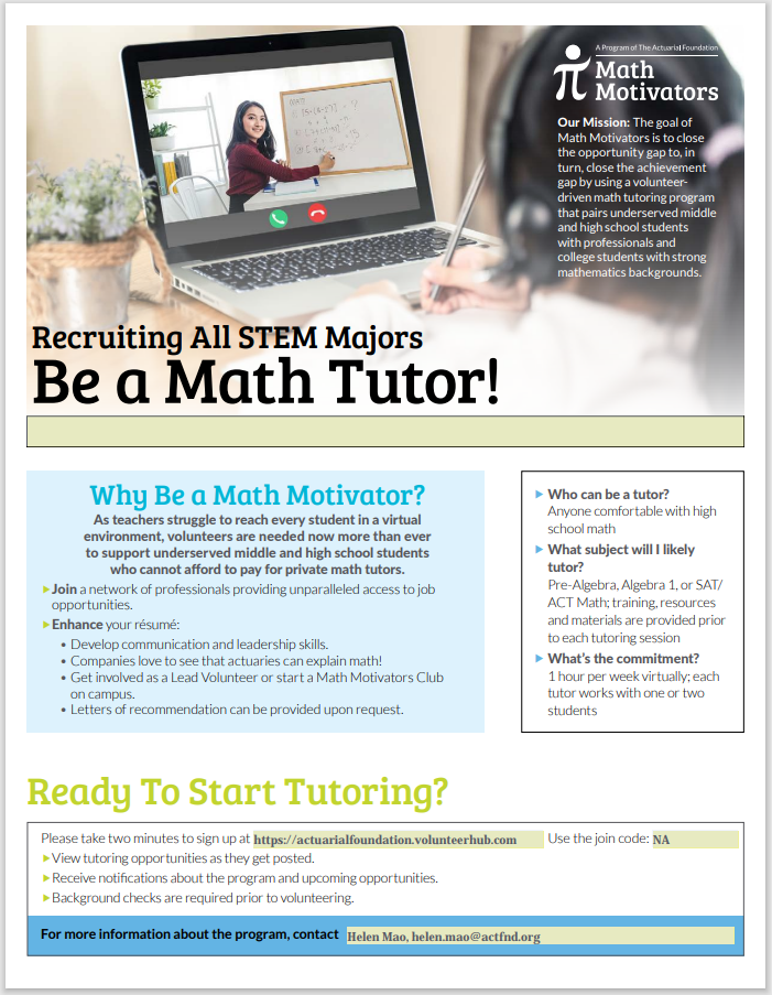 Math Motivators is Recruiting all STEM Majors to be volunteer Math ...