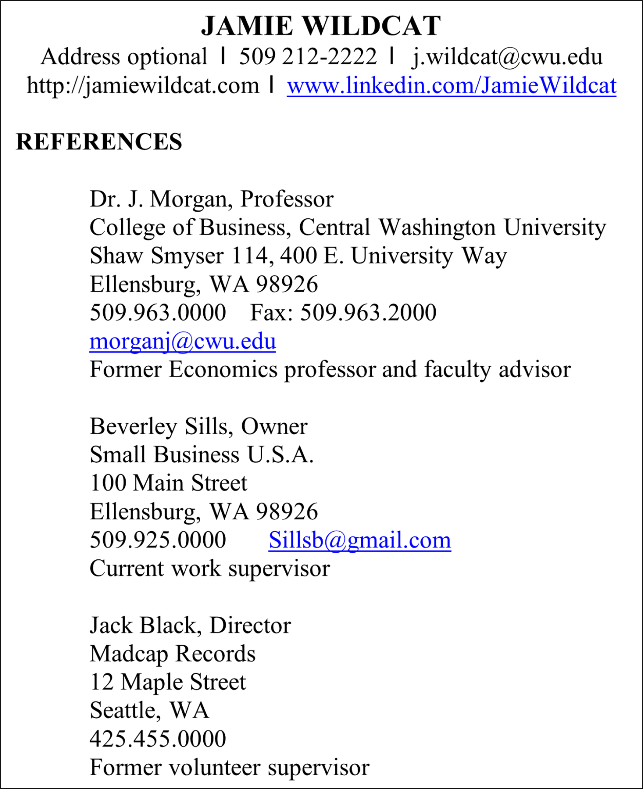 References Example – Career Services| Central Washington University