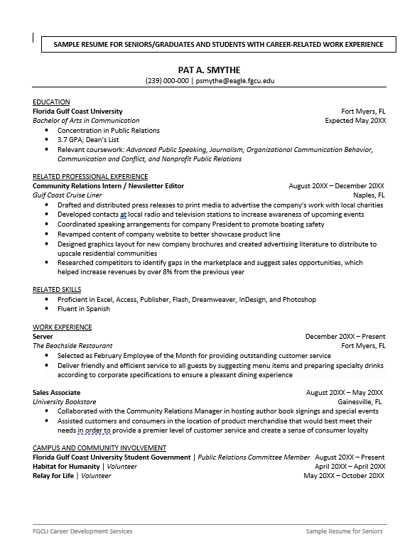 Sample Resumes – Career Development Services | Florida Gulf Coast ...