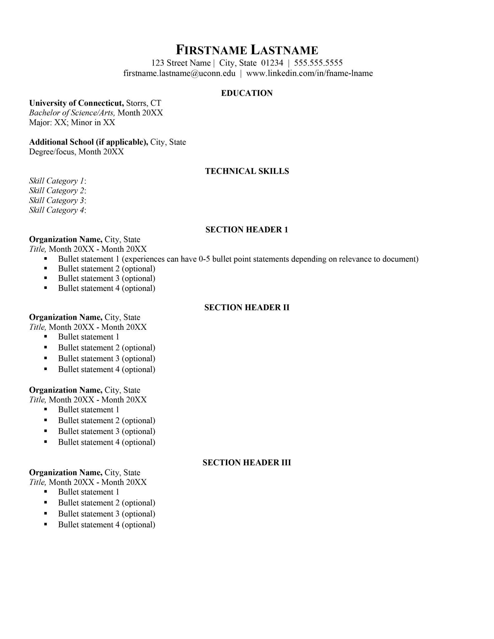 Résumé Templates – UConn Center for Career Readiness and Life Skills