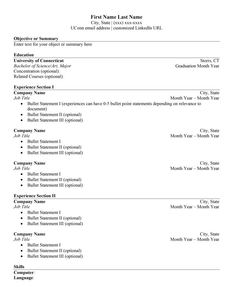 Résumé Templates – UConn Center for Career Readiness and Life Skills