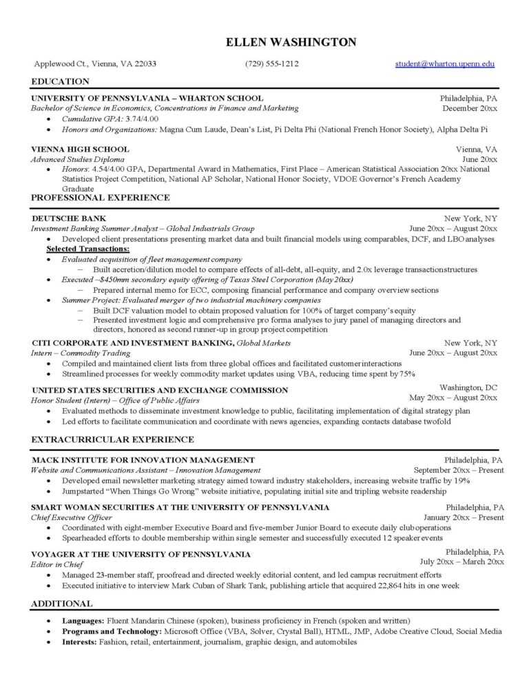 Undergraduate’s student resume samples – Career Services | University ...